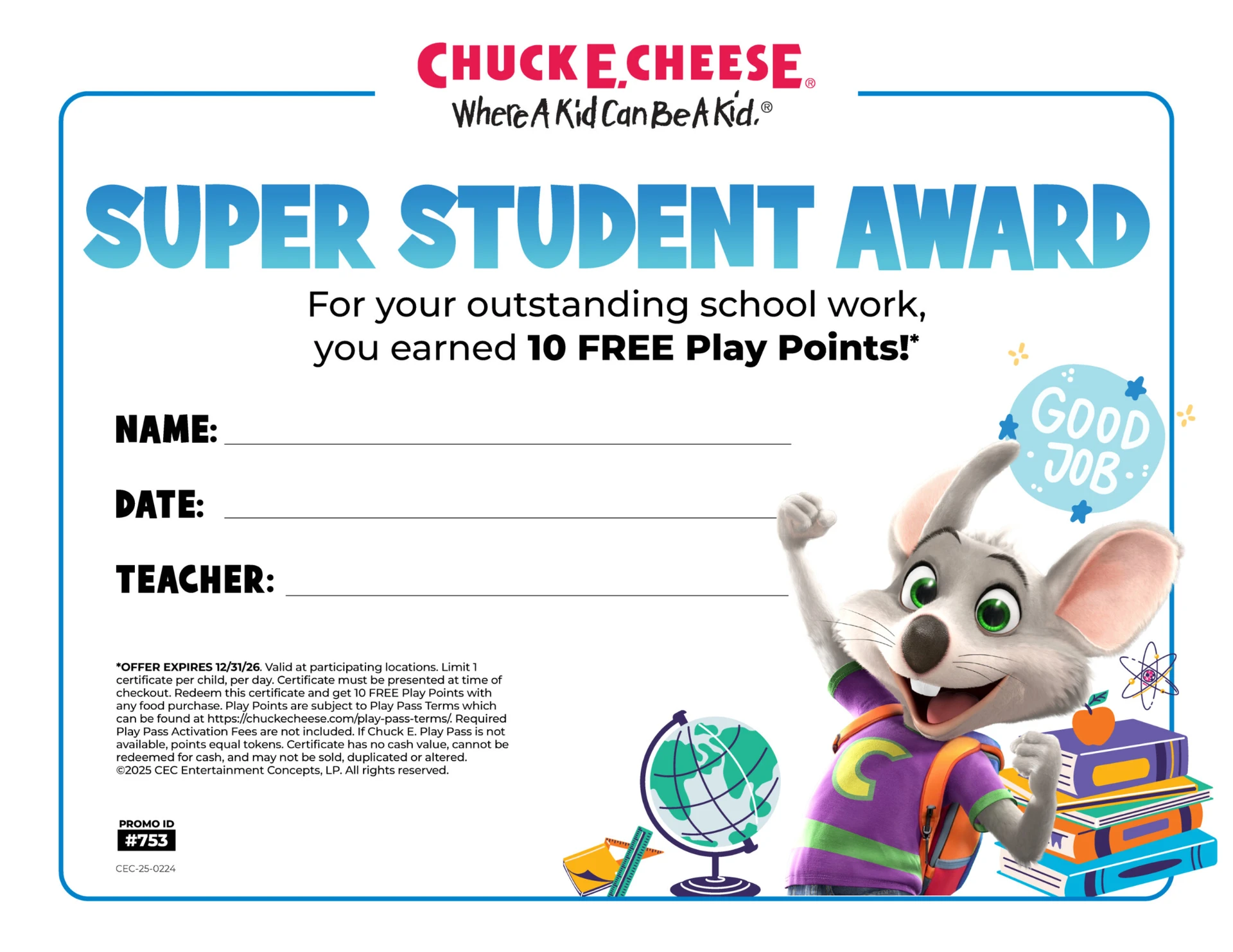 Super Student Award | Chuck E. Cheese